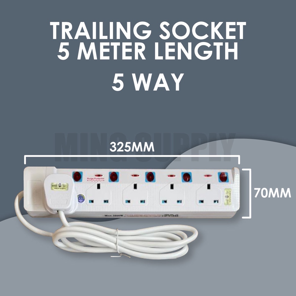 [Sirim] 5M Extension Trailing Socket w Neon Plug Adaptor Multiple Universal Adapter Cord 2/3/4/5 ...