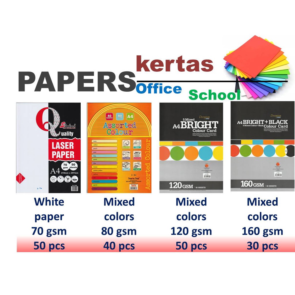 Paper A4 white and color 70g 80g 120g 160g 30s 40s 50s (kertas fotostat ...