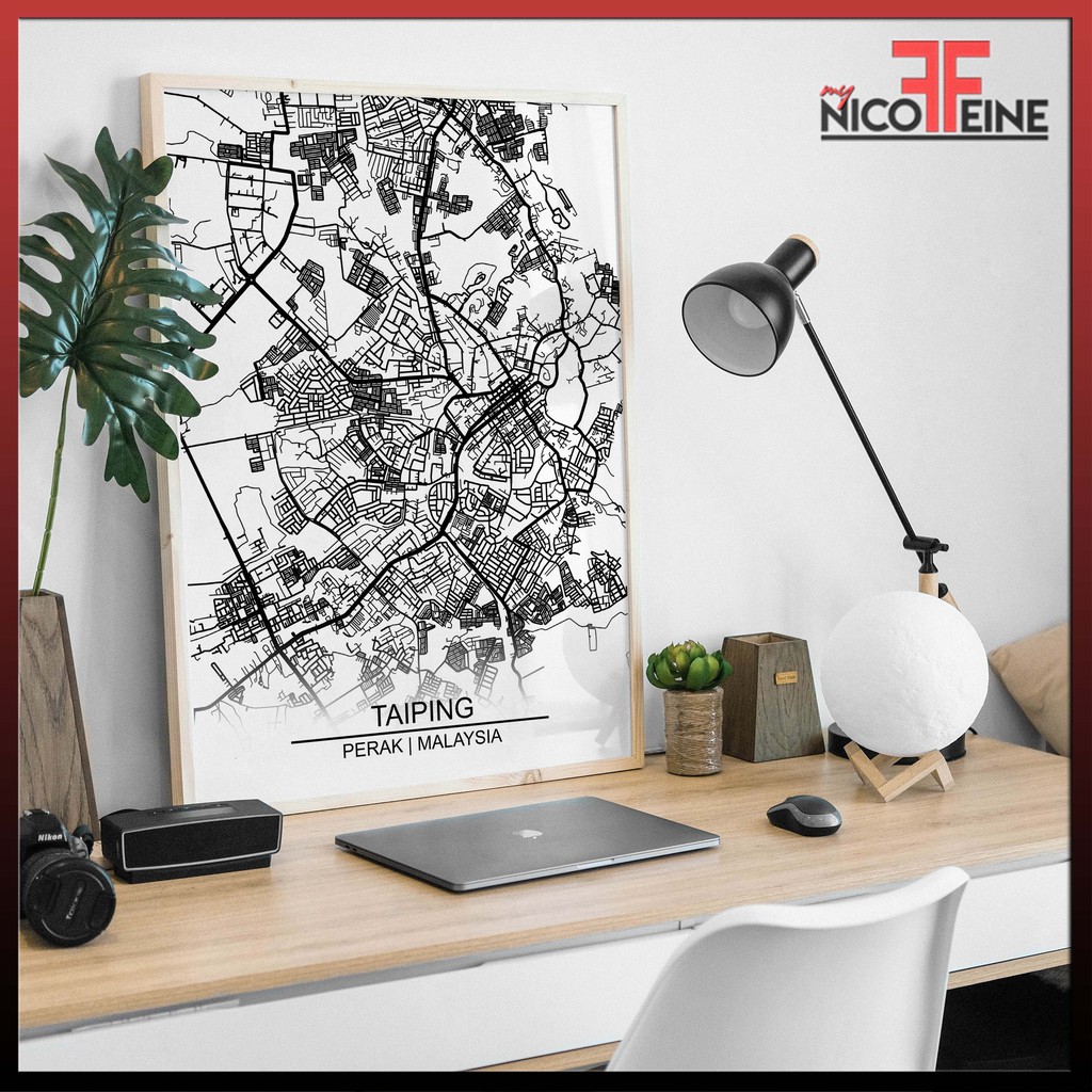 NEW Taiping Perak Minimal City Map Black and White Large Poster Print ...