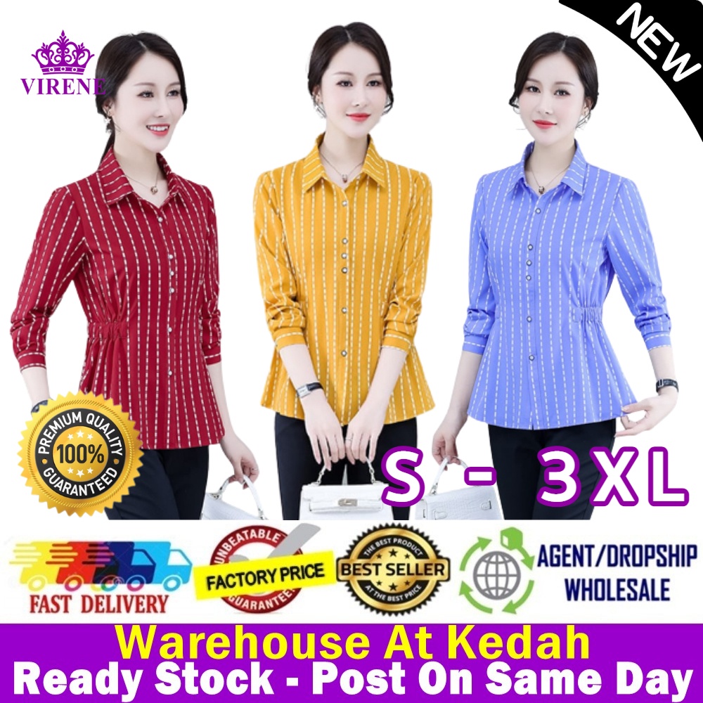 VIRENE Women Fashion OL Slim Fit Striped Long Sleeve Office Lady Shirts ...