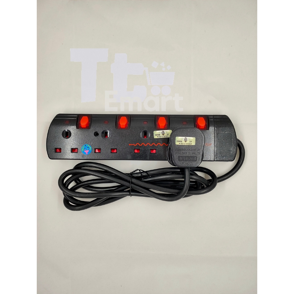 MYHOM Trailing Socket 2 Meter C/W Surge 1.25mm cable / BLACK Extension ...