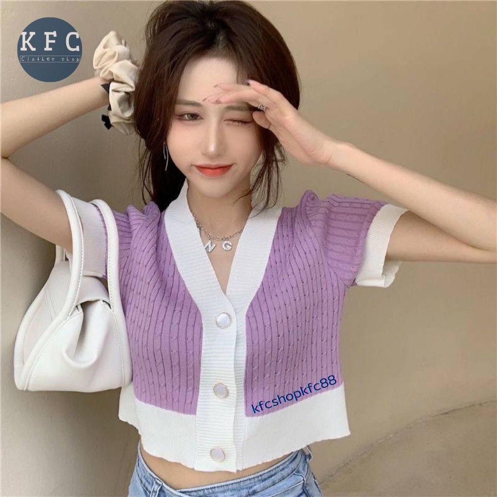 KFC Two-Tone V-Neck Crop Top With Buttons And Comfortable Korean Style K921 | Shopee Malaysia