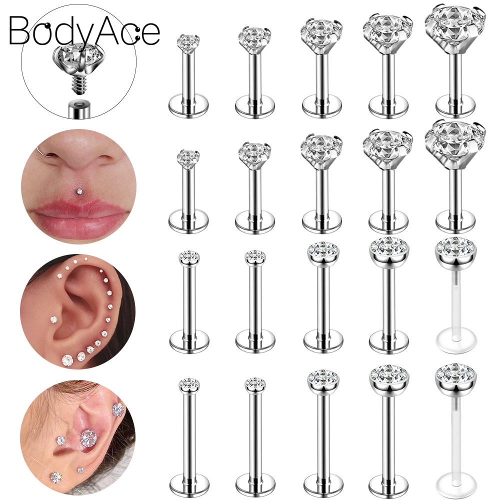 Bodyace 1 Pc Stainless Steel Lip Labret Piercing Round Crystal Stud ...