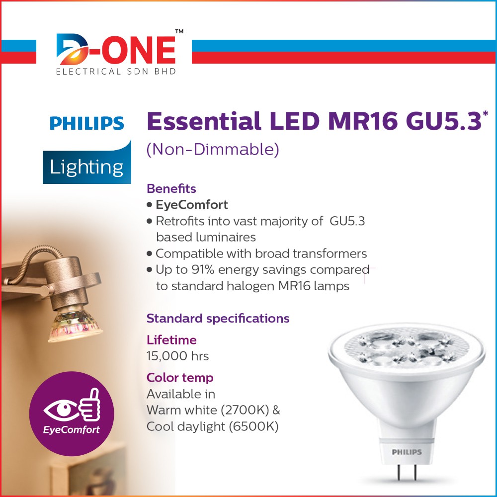 Philips LED Spots - Essential LED MR16 GU5.3 LED BULB* (Non-Dimmable) | Shopee Malaysia