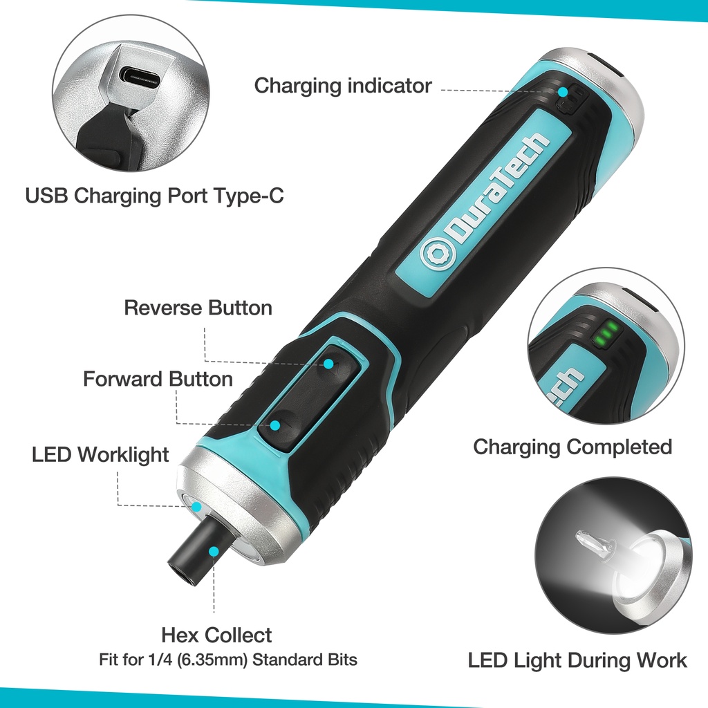 DuraTech 41 Pcs Electric Screwdriver 3.6V Li-ion Cordless Rechargeable ...