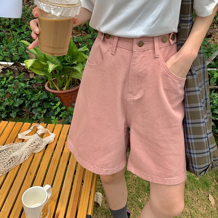 Summer Pink Denim Solid Color Five-point Pants Women's High Waist ...