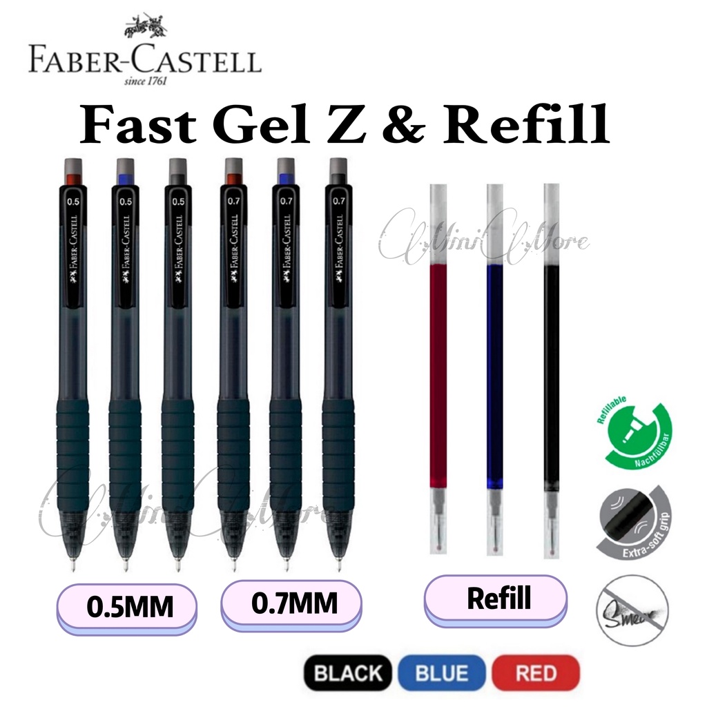 (MiniMore)Faber Castell Fast Gel Z Retractable Rubber Grip Gel Pen & Refill Ink (BK/BL/RED, 0 ...