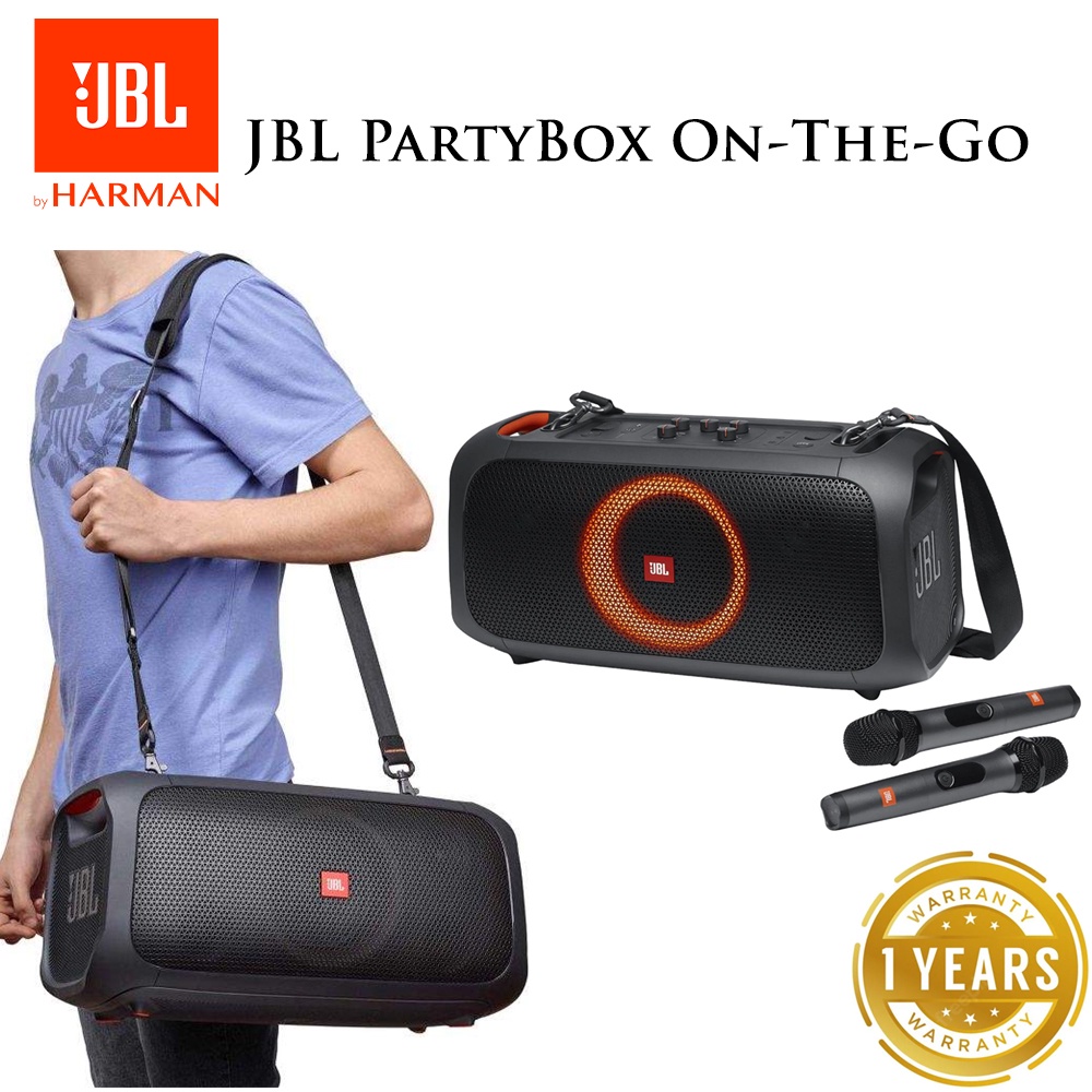 JBL PARTYBOX ON-THE-GO with 2x Wireless Microphone Built-in Lights Portable Karaoke Party ...