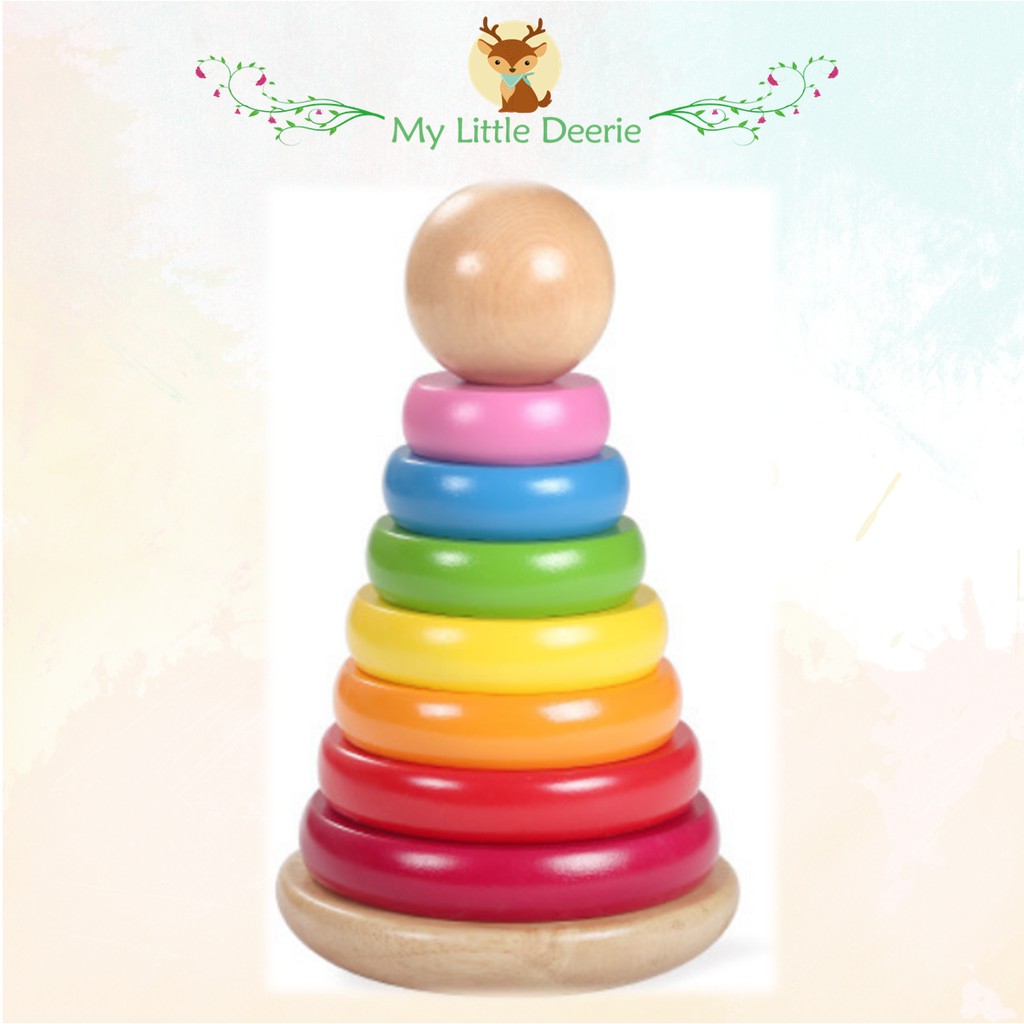 BOBY Wooden Rainbow Stacking Ring Tower Wobble Stacker Baby Children ...