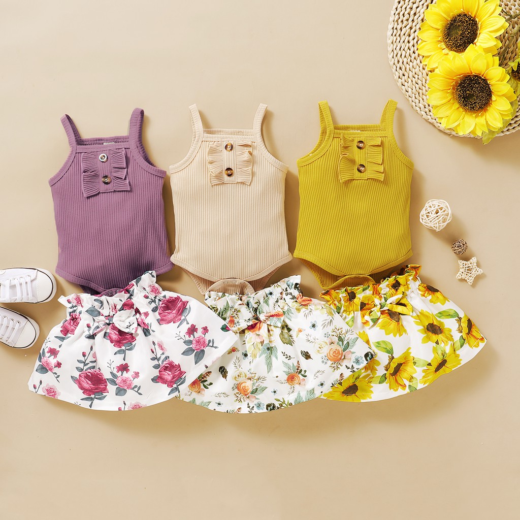 [HPB]Baju Baby Girl Suit Ribbed Sling Vest + Floral Shorts 2PCS Set ...