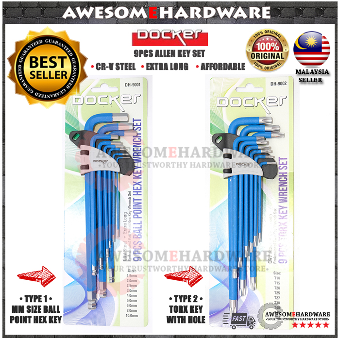 (CR-V STEEL) DOCKER CRV STEEL EXTRA LONG 9PCS BALL POINT HEX KEY ALLEN ...