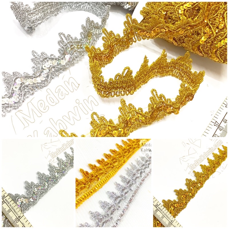 #RL00091013 (meter) 1”, 1.25” Lace Mahkota Gold Silver Border Lace 25mm ...