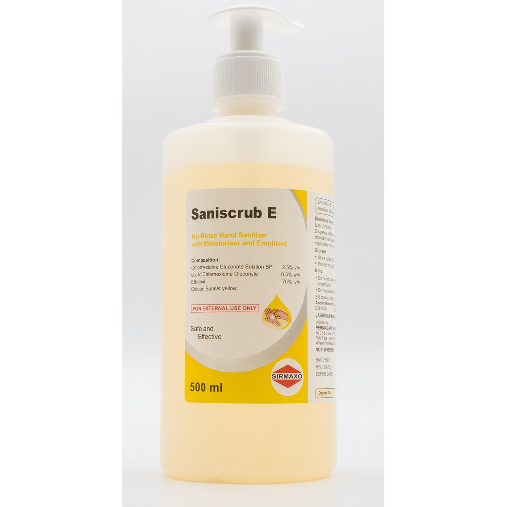 SANISCRUB E HAND SANITIZER 500ML ALCOHOL PLUS CHLORHEXIDINE SANITISER ...