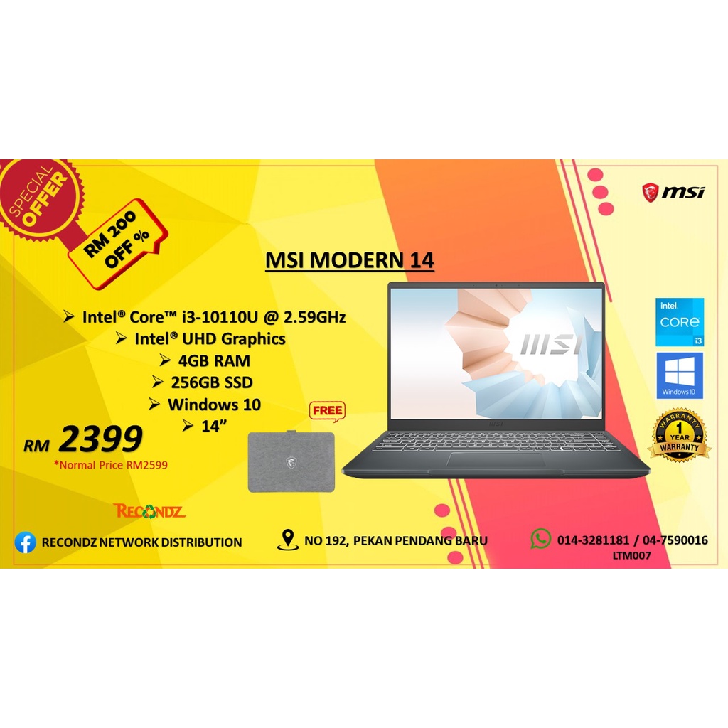🔥MSI i3/4GB RAM/256GB SSD/14" (MODEL : Modern 14 B10MW-442)🔥 | Shopee ...