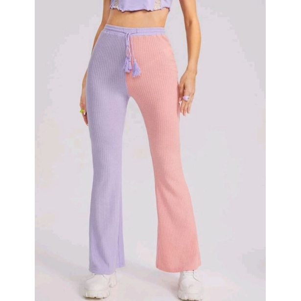 Shein Colorblock Rib Knit Flare Leg Pants | Shopee Malaysia