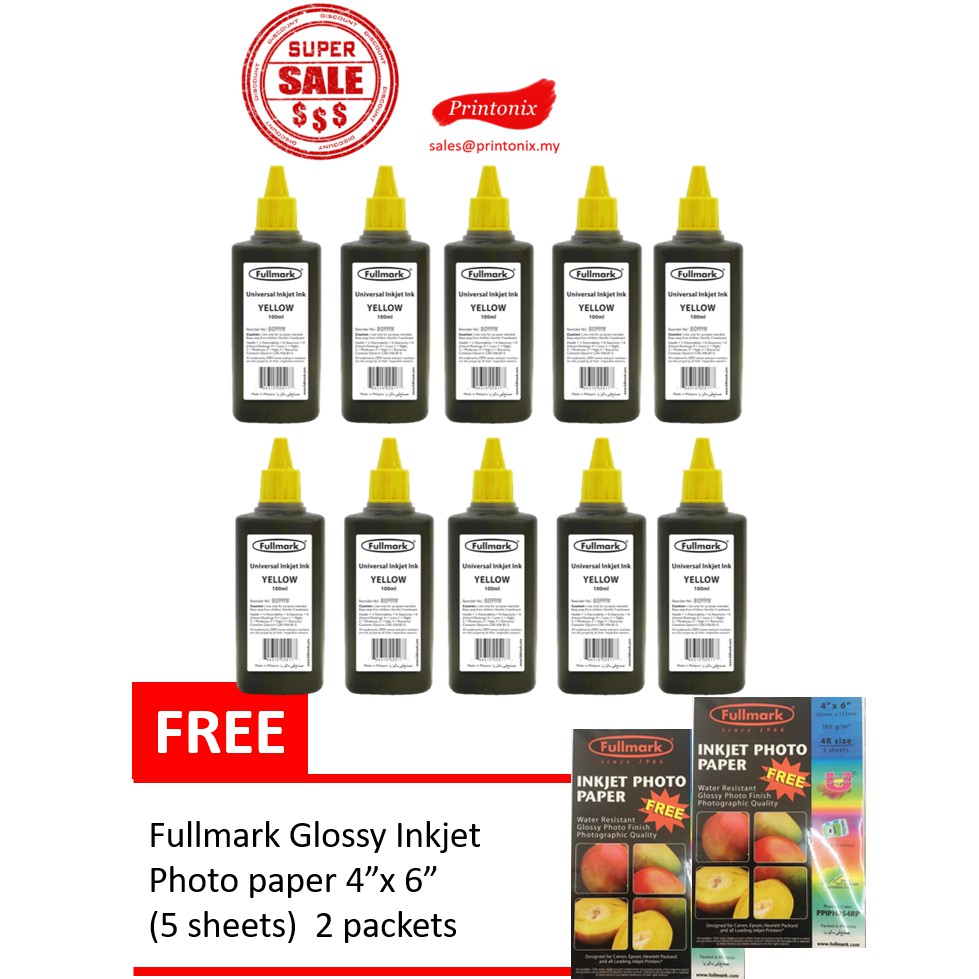 Fullmark BI099 Universal Refill Inkjet Ink, 100ml (10 x Yellow) for HP ...