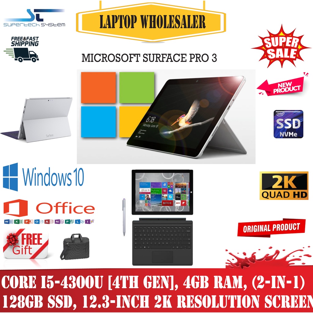 Microsoft Surface Pro 3 (Core i5-4th Gen, 8GB Ram, 256GB SSD, 12.3" 2k ...