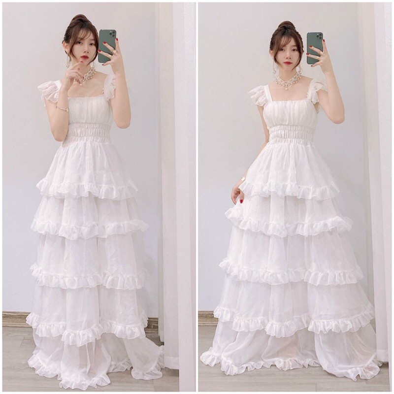 White Multi-layered Princess Dress, off-the-shoulder 2-strap flared ...
