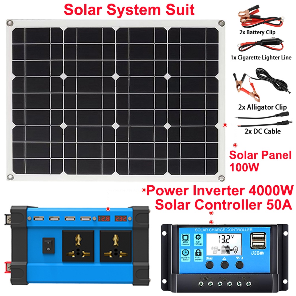 HAOSONG Solar system Set Solar Panel 100W 18V+ Power Inverter 4000W 12V ...