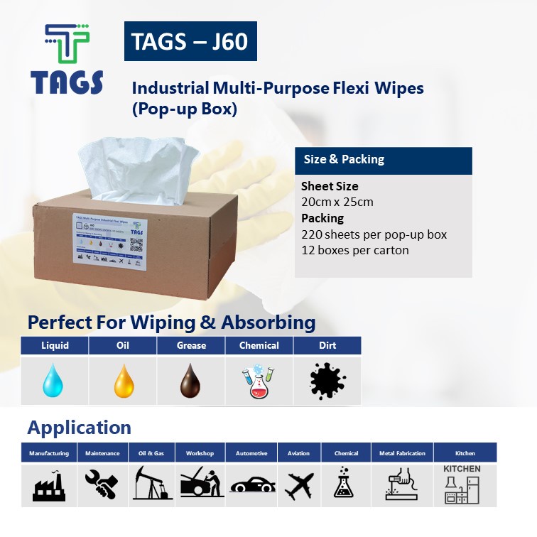 Tags-J60 Multi-Purpose Industrial Flexi Wipes For Oil/Liquid/Chemical/Dirt (Pack in Pop Up Box ...