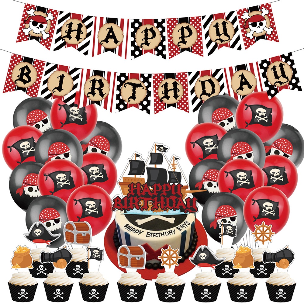 FANGLELAND Pirate Theme Decoration Black Red Latex Balloon Set Happy ...