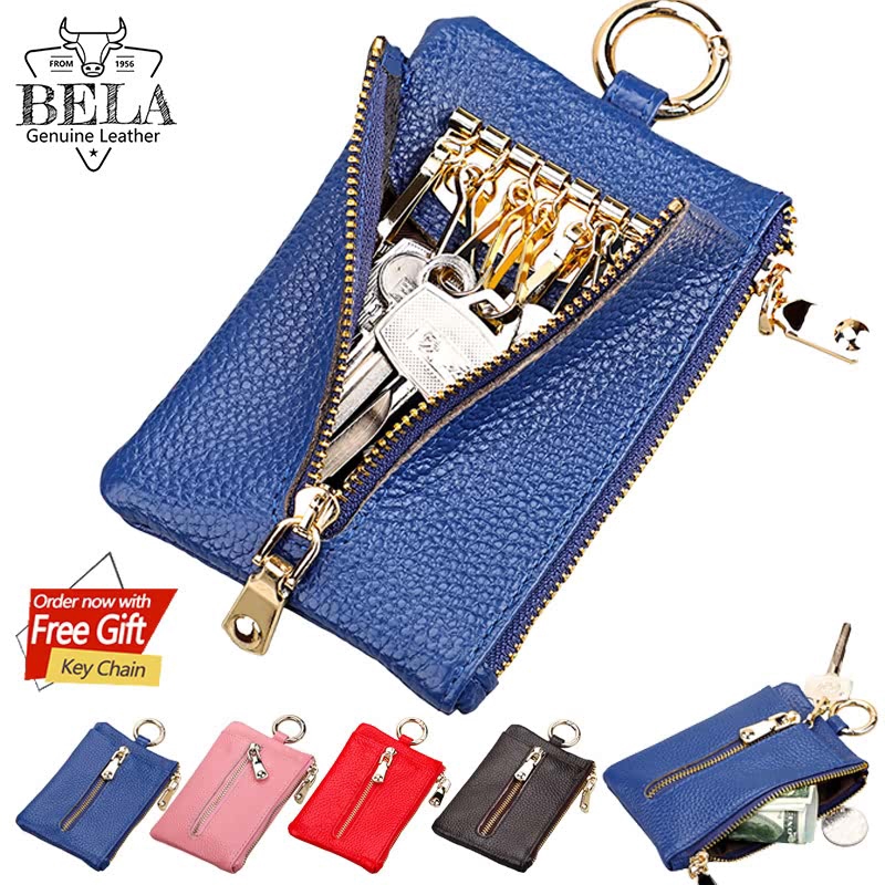 BELA Genuine Leather Zipper Key Case Wallet Unisex Keychain Holder with ...
