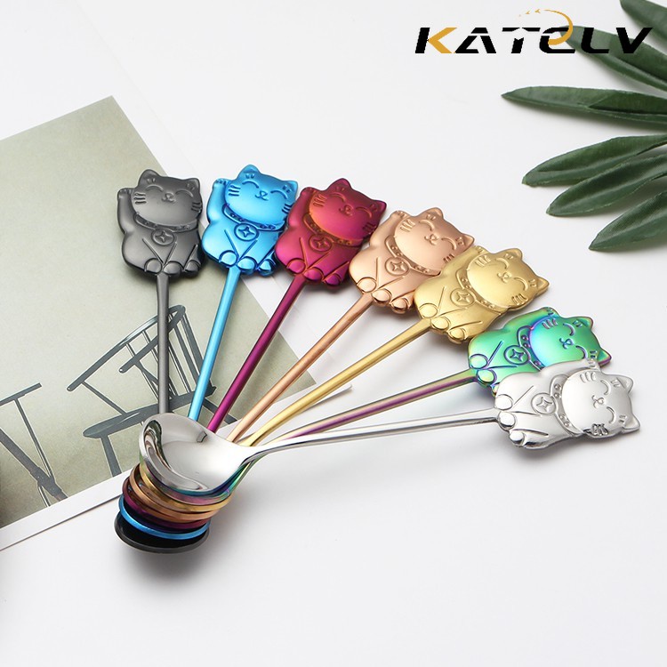Food Grade fortune cat shaped stainless steel coffee spoon set ice ...