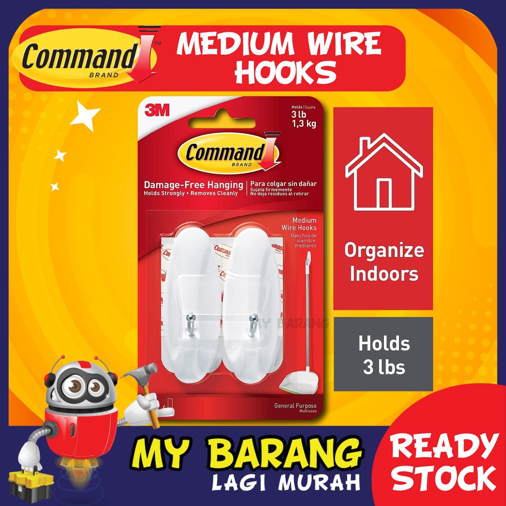 3M Command 17068 ANZ 1.3KG Wire Organize Medium Hook Wall Organizer Decor Utensil Metal Hook ...