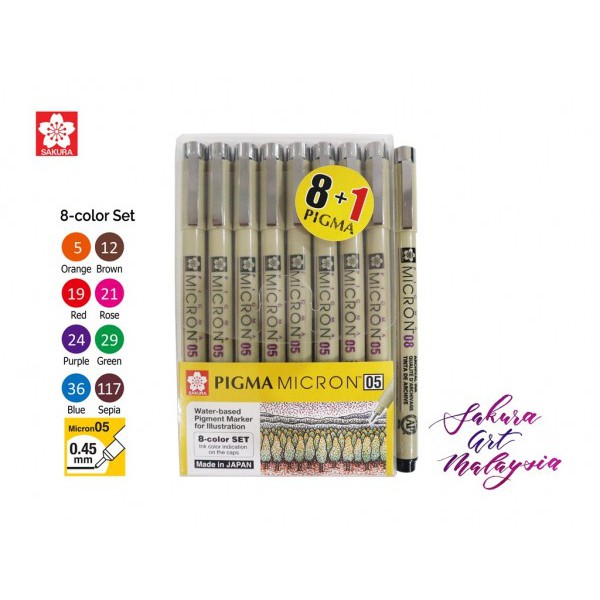 Pigma Micron 05-Set Of 8 Assorted Colours + 1 Pigma Micron 08 (XSDK05 ...
