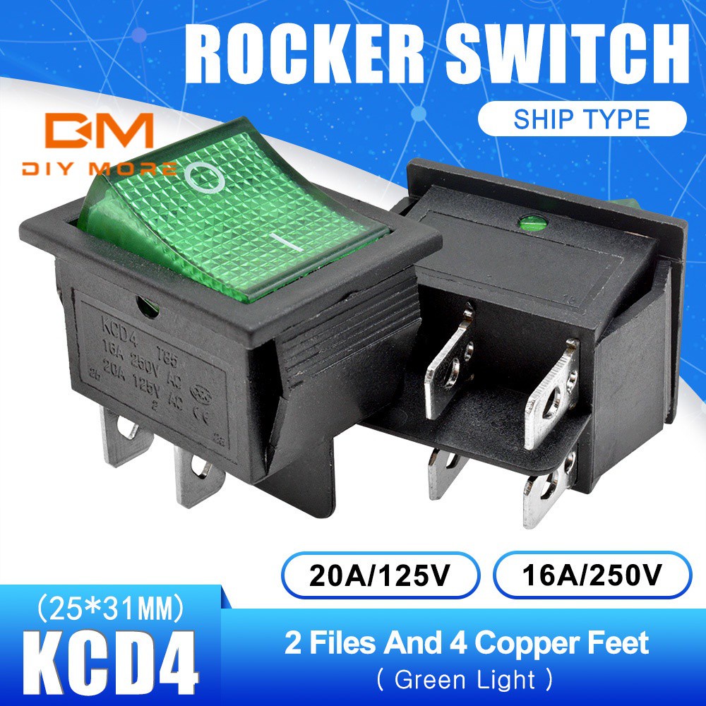 DIYMORE KCD4 Rocker Switch DPST 4PIN Terminals ON/OFF 16A 250V Green ...