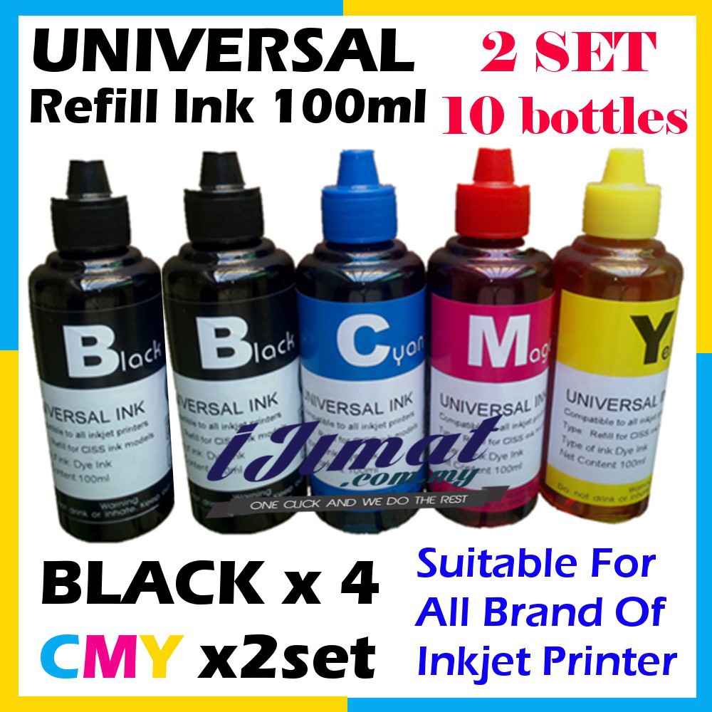 2set x UNIVERSAL Inkjet Printer Refill Dye Ink (BK+BK+C+Y+M) 100ml For ...