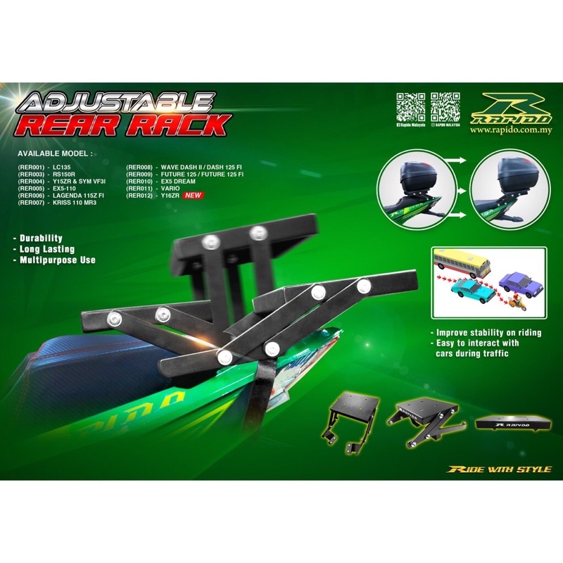 Rapido Adjustable Rear Rack Monorack Yamaha Y16ZR Y15ZR 135LC V1-V6 ...