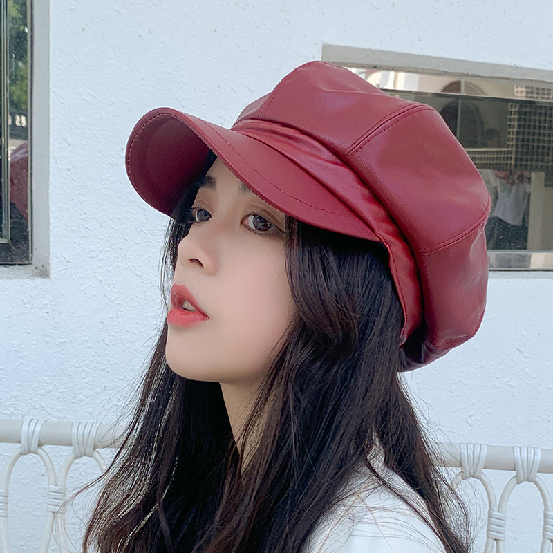 Women PU Leather Hat /Autumn Winter Solid Plain Octagonal Cap / Stylish ...