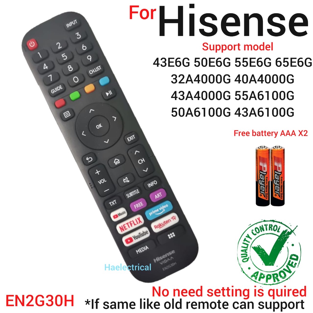 Hisense Smart LED TV Remote Control EN2G30H 43E6G 50E6G 55E6G 65E6G ...