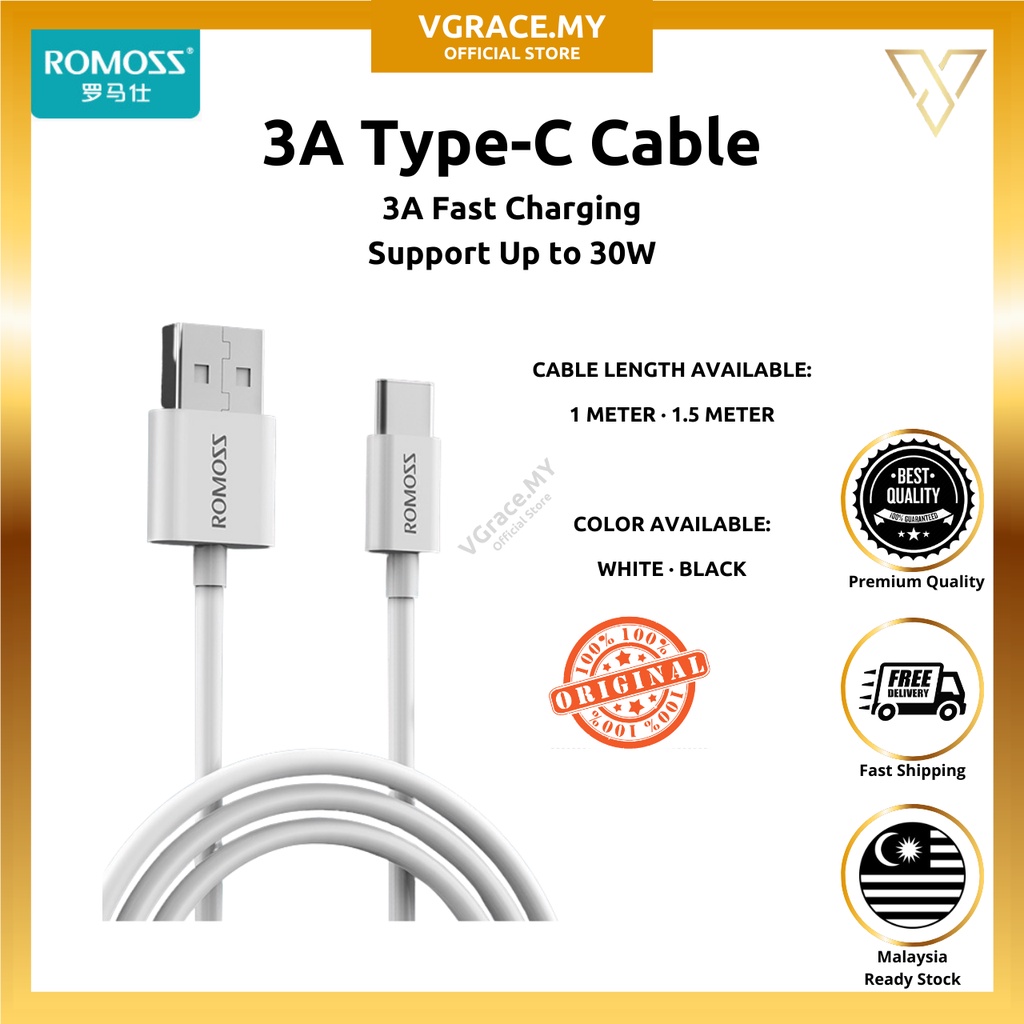 ROMOSS 3A Type-C Fast Charge Qualcomm QC 3.0 White Black 1M / 1.5M Android Cable USB C Cable ...