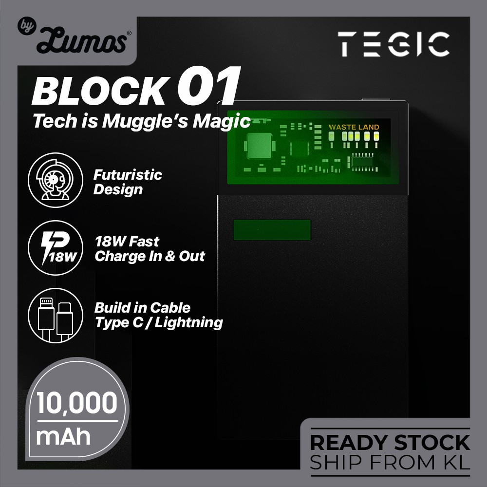 TEGIC BLOCK 01 - 18W Fast Charge in and out 10000 mAh Build in TYPE-C / Lightning Futuristic ...