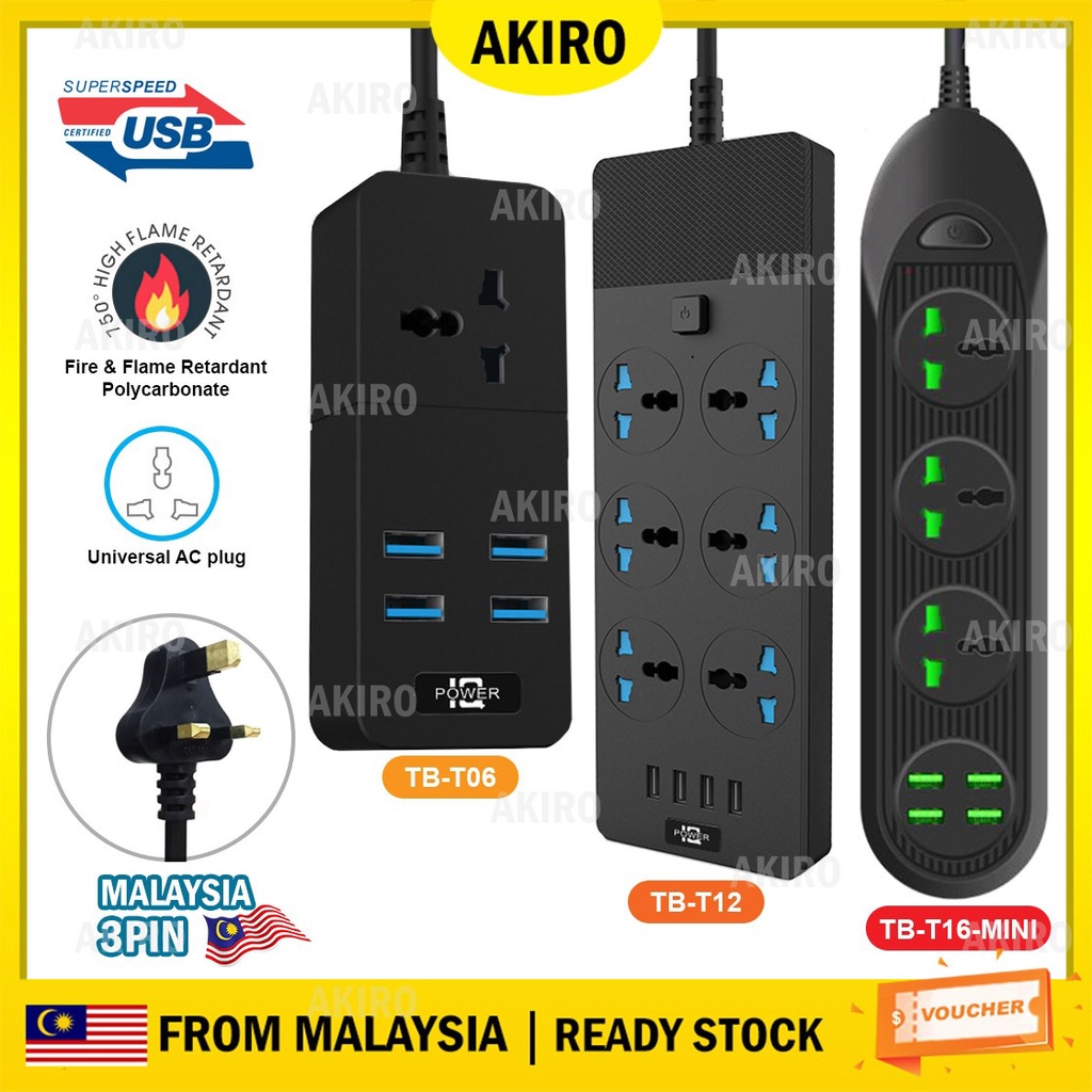 AKIRO Power Strip Universal 3/6 Extension Plug with USB Port Extension ...
