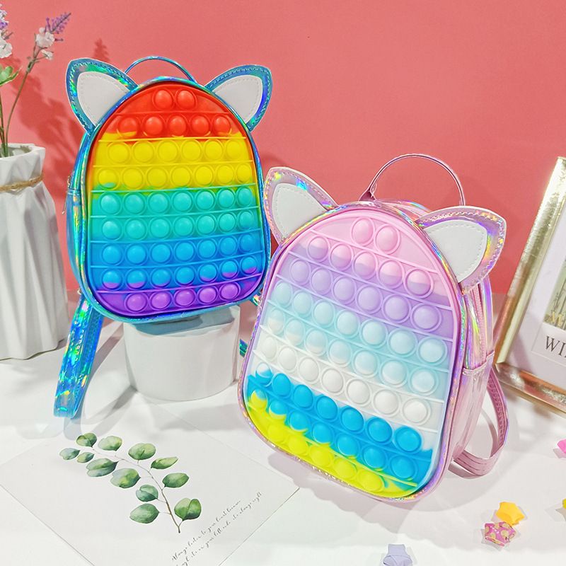 Rainbow laser cartoon cat ears Push Pop It school bag children backpack ...