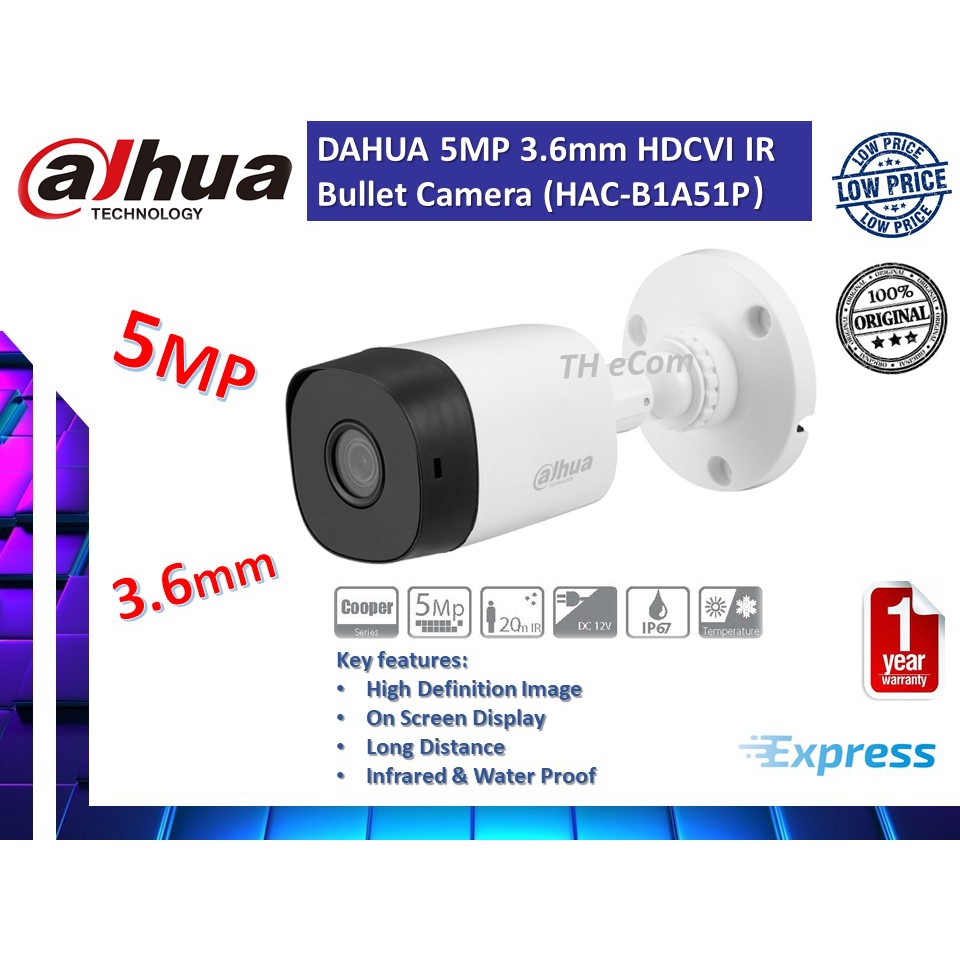 DAHUA 5MP Bullet Camera (HAC-B1A51P) 5MP 3.6mm Fixed Lens HDCVI IR ...