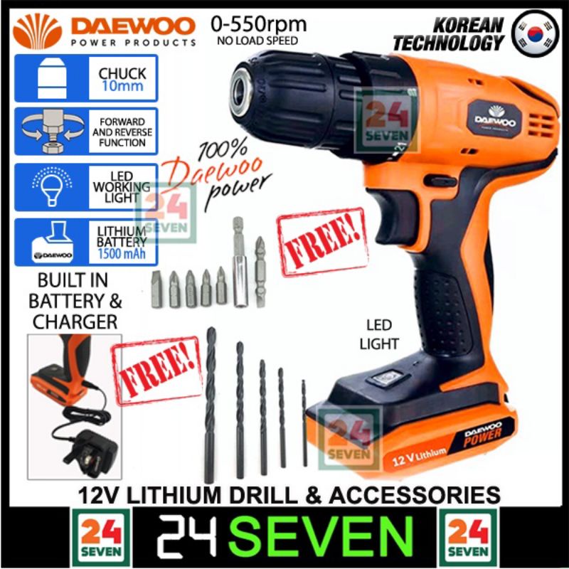 Mesin Drill Elektrik CORDLESS DRILL DAEWOO DALD86 Cordless Drill 12V Lithium Battery 550rpm 10mm ...
