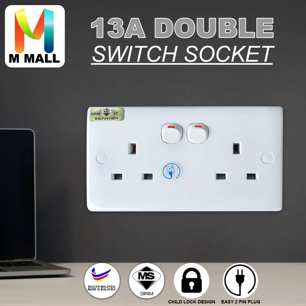 M MALL 13AMP 2 Gang Double Switch Socket (SIRIM) 250V Outlet / Dua socket / PLUG SOCKET (1pcs ...