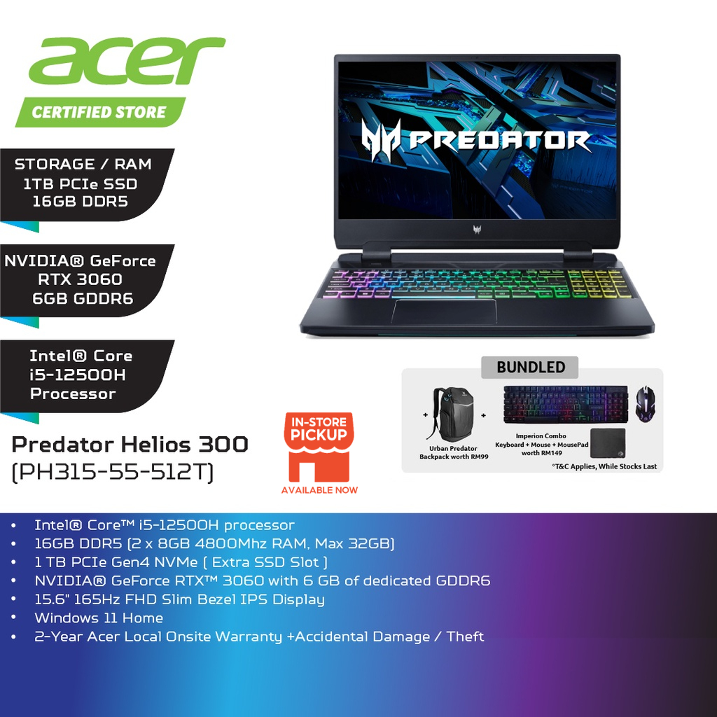 Acer Predator Helios 300 Gaming Laptop (15.6" FHD 165Hz/I5-12500H/16GB ...