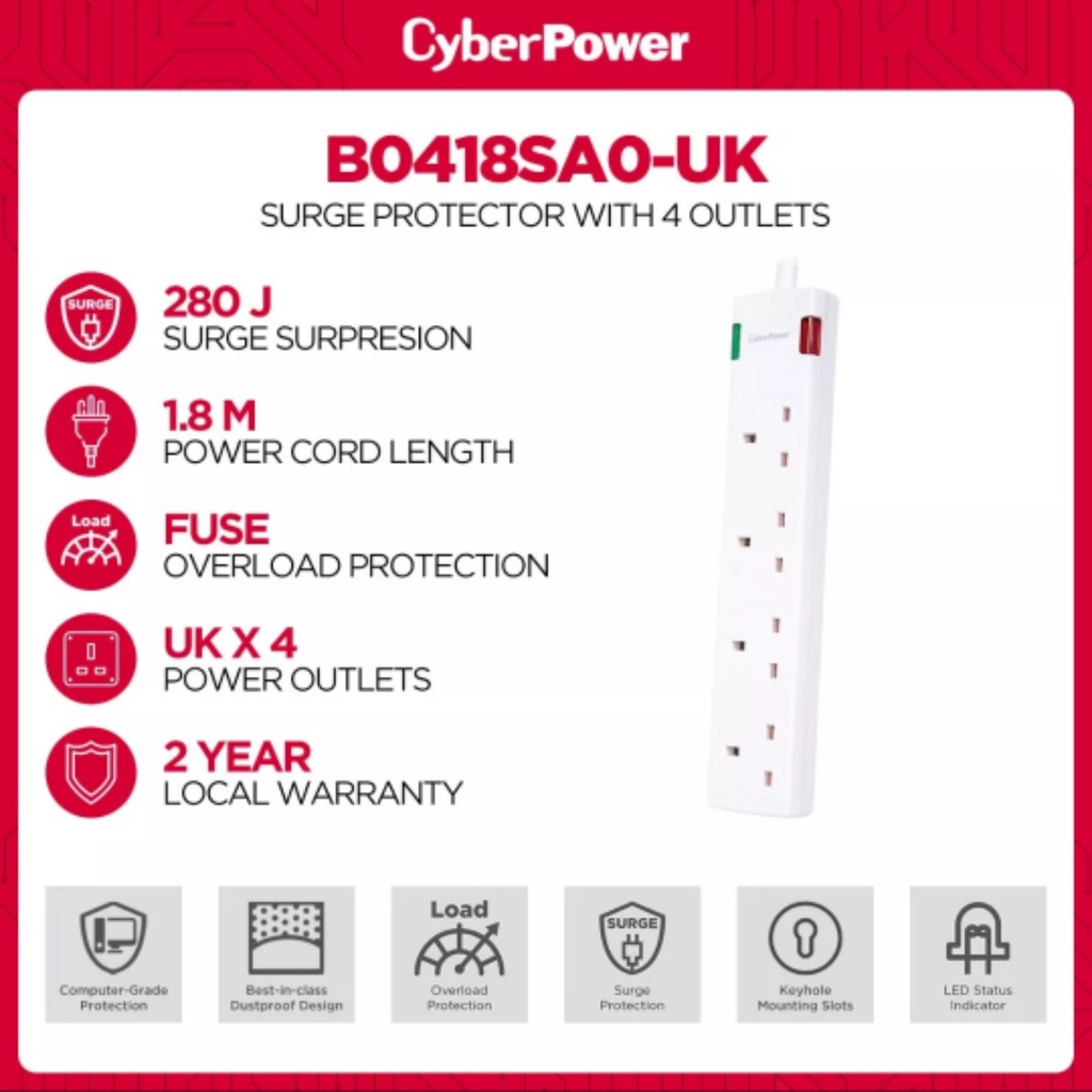 Cyberpower P0418SUA0 Surge Portector 4 Gang UK Plug Point 2.1A USB ...