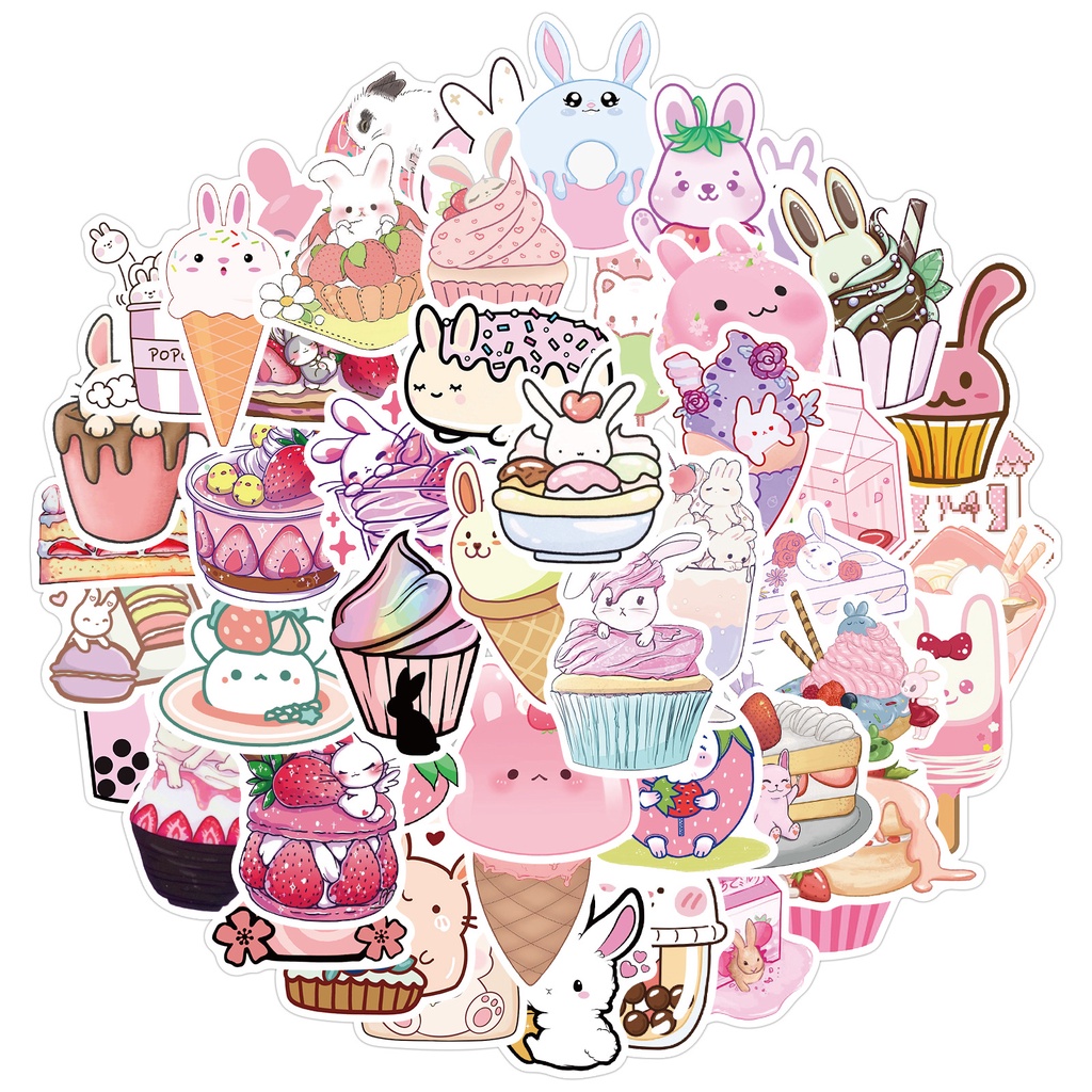 50PCS Pink Style Cute Dessert Rabbit Cartoon Graffiti Stickers For ...