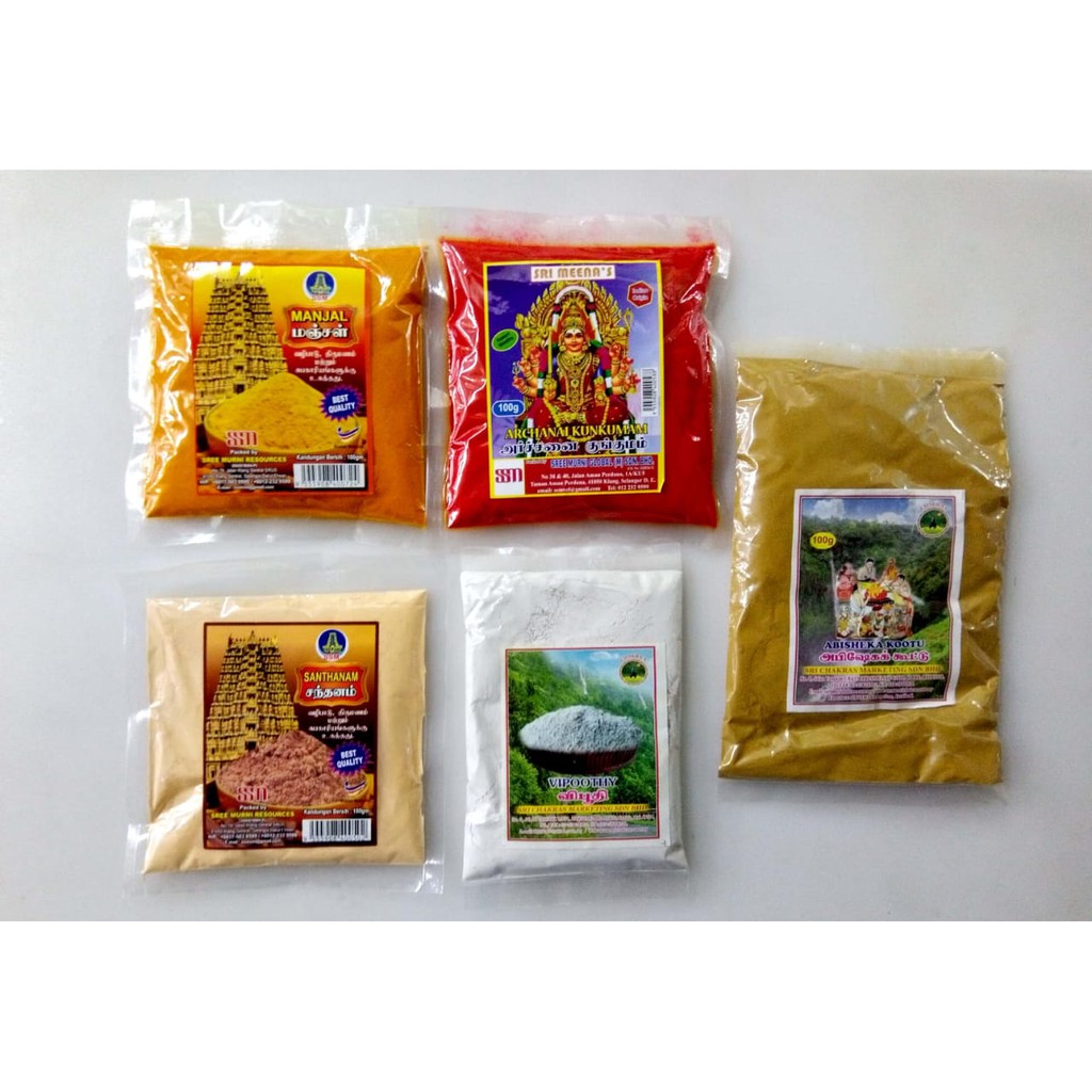 ABISHEGAM 5 ITEM - KUNGUMUM, MANJAL, SANTHANAM, VIBUTHI, ABISHEGA KUUTU ...