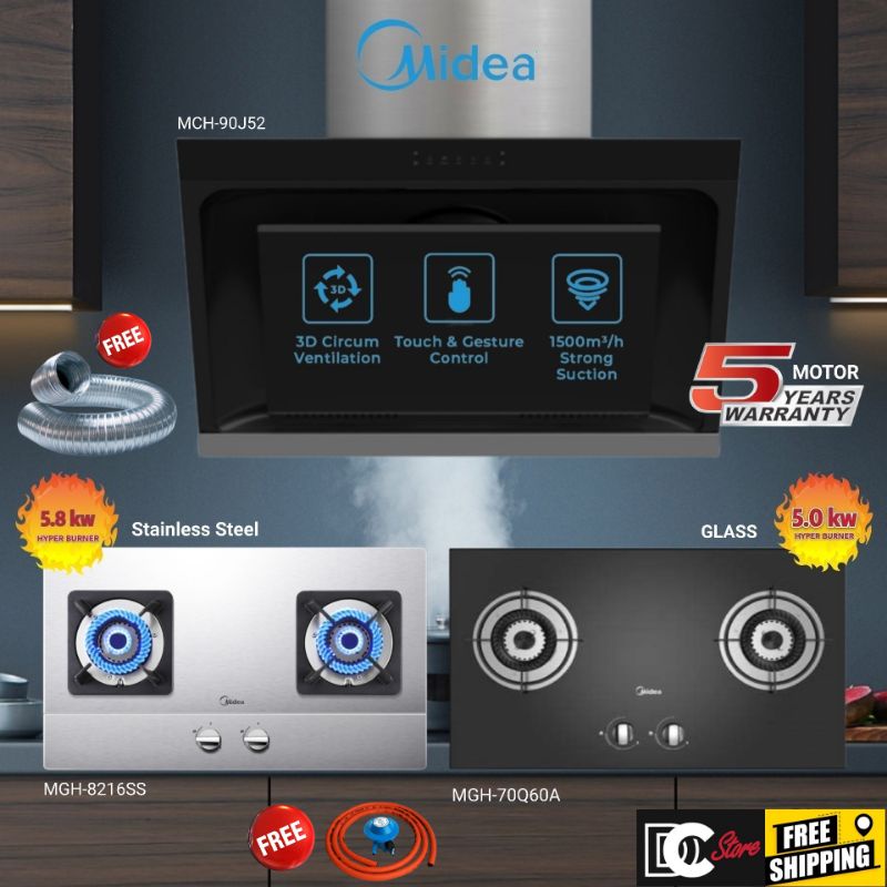 Midea MCH-90J52 Skyline Cooker Hood and HOB MGS-8216SS or MGH-76Q60A COMBO Pack | Shopee Malaysia