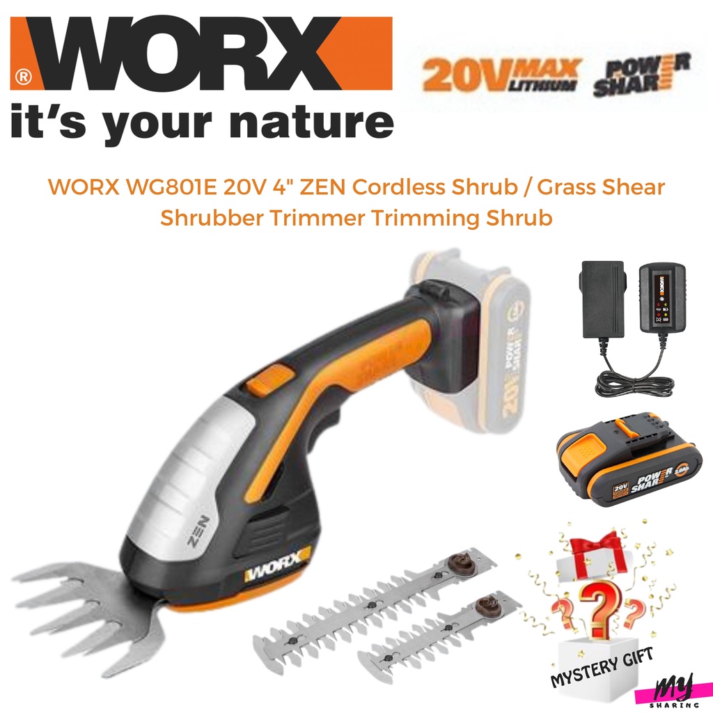 WORX WG801E 20V 4" ZEN Cordless Shrub / Grass Shear Shrubber Trimmer ...