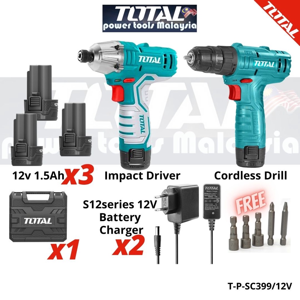 TOTAL S12v Combo Set TIRLI1201 Li-ion Impact Driver + TDLI12415 Li-ion ...
