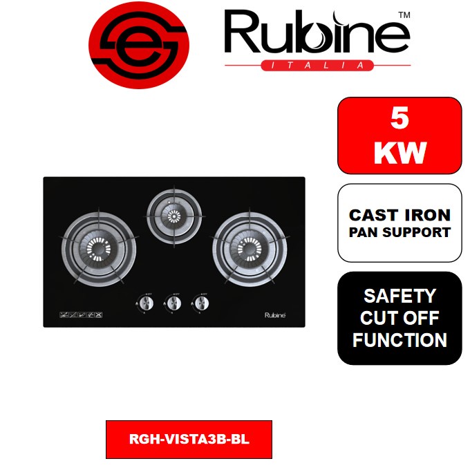 Rubine Built-in Hob Gas Stove Hob Tempered Glass 3 Burner - Vista3B ...