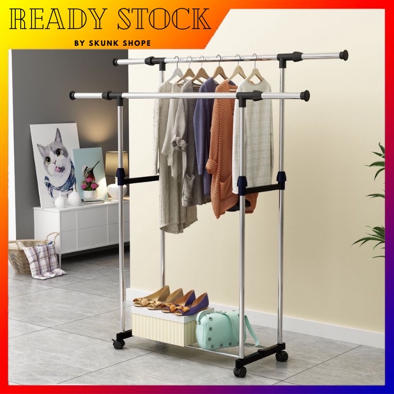SS Double Garment Rack with Wheels and Extendable Length & Height 0131 ...